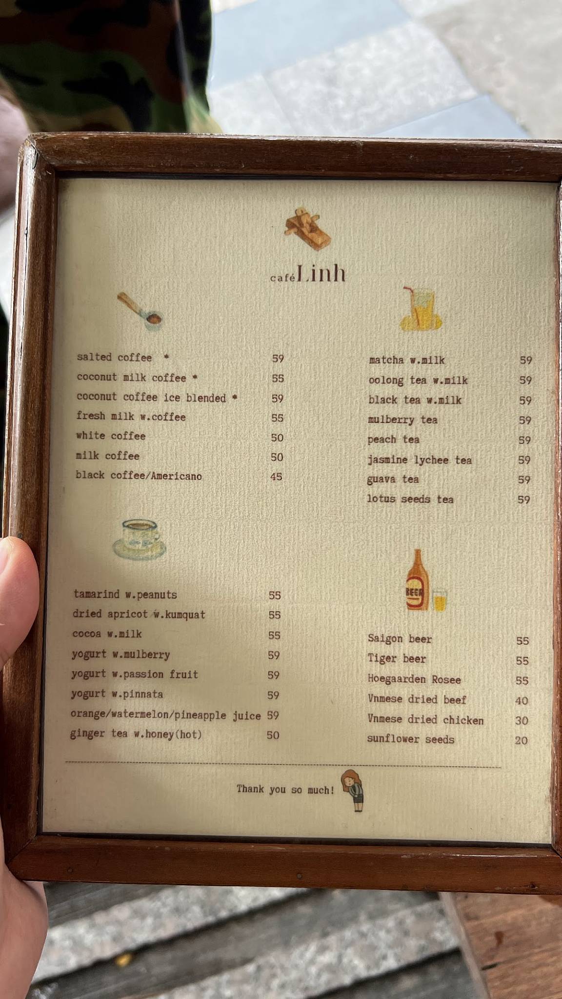 Menu at Cà phê Linh restaurant, Ho Chi Minh City, 1 Trương Định