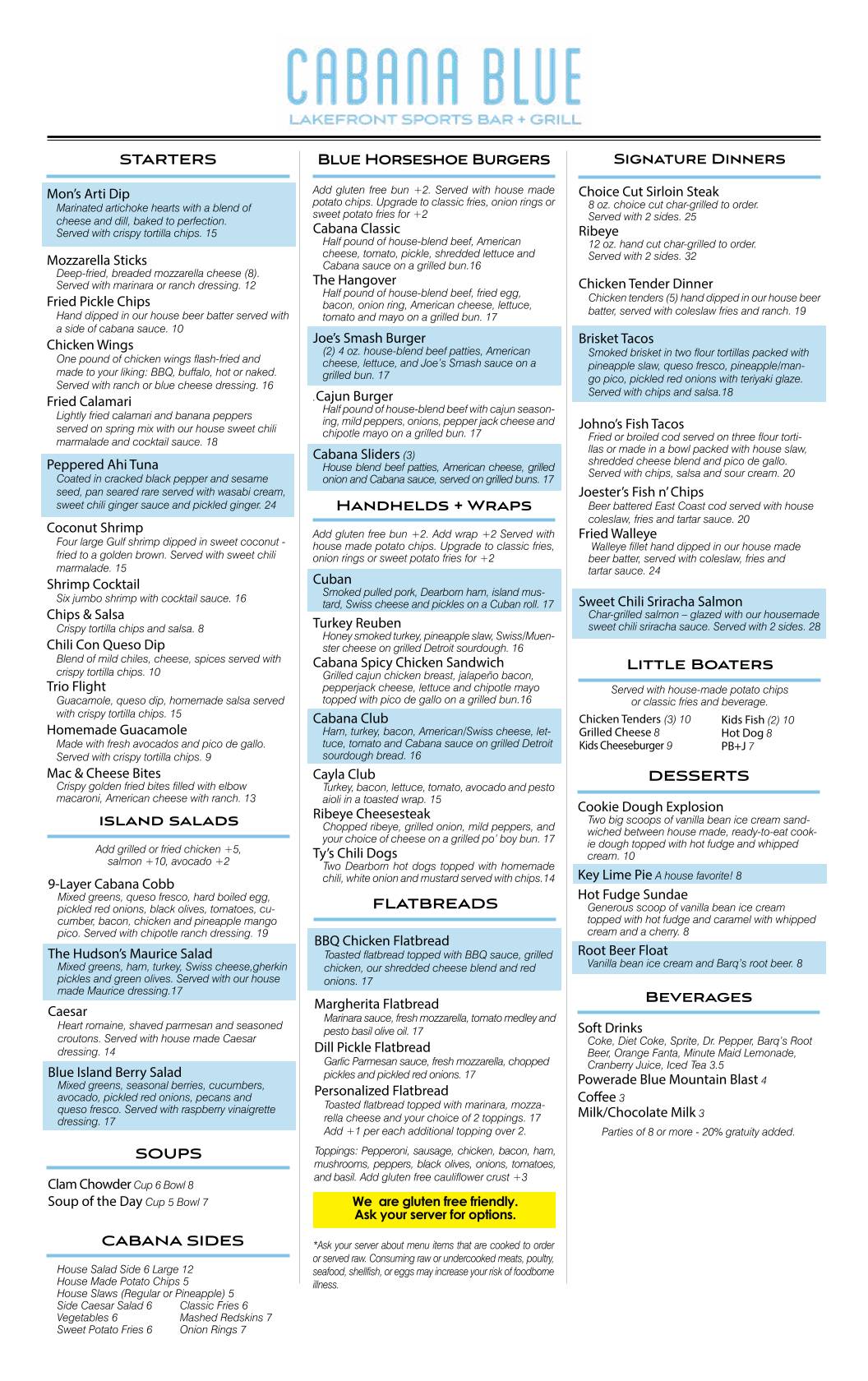 Menu at Cabana Blue Lakefront Sports Bar & Grill, Clay Township