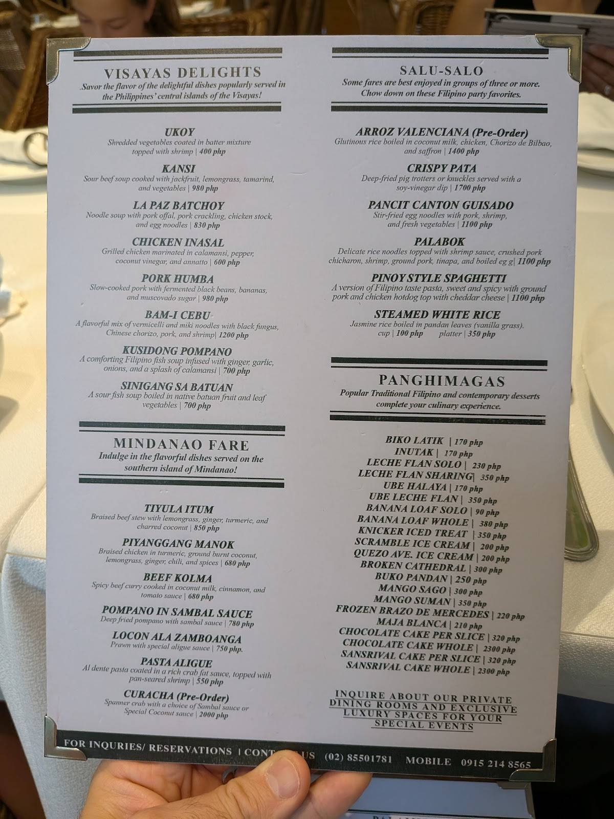 Menu at Cabel restaurant, Manila