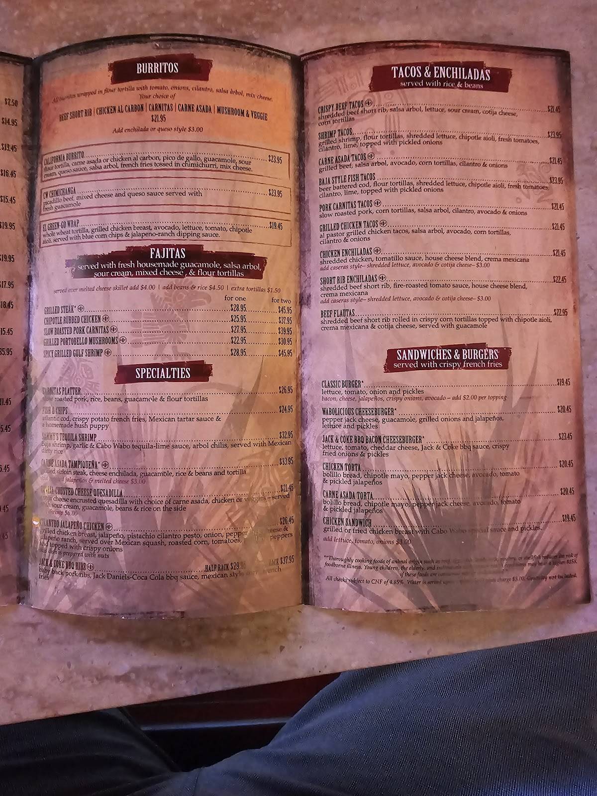 Menu at Cabo Wabo Cantina pub & bar, Las Vegas, S Las Vegas Blvd