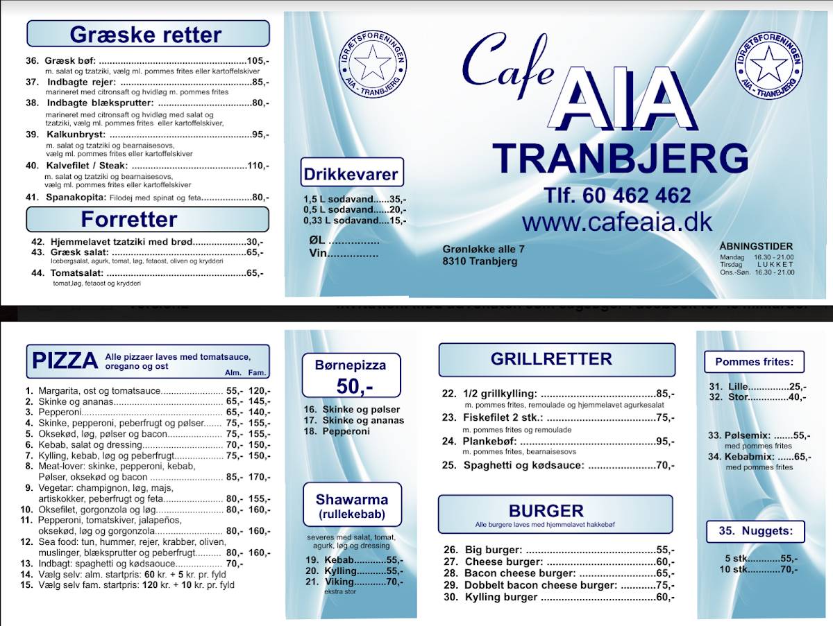 Menu at Café AIA cafeteria, Tranbjerg J