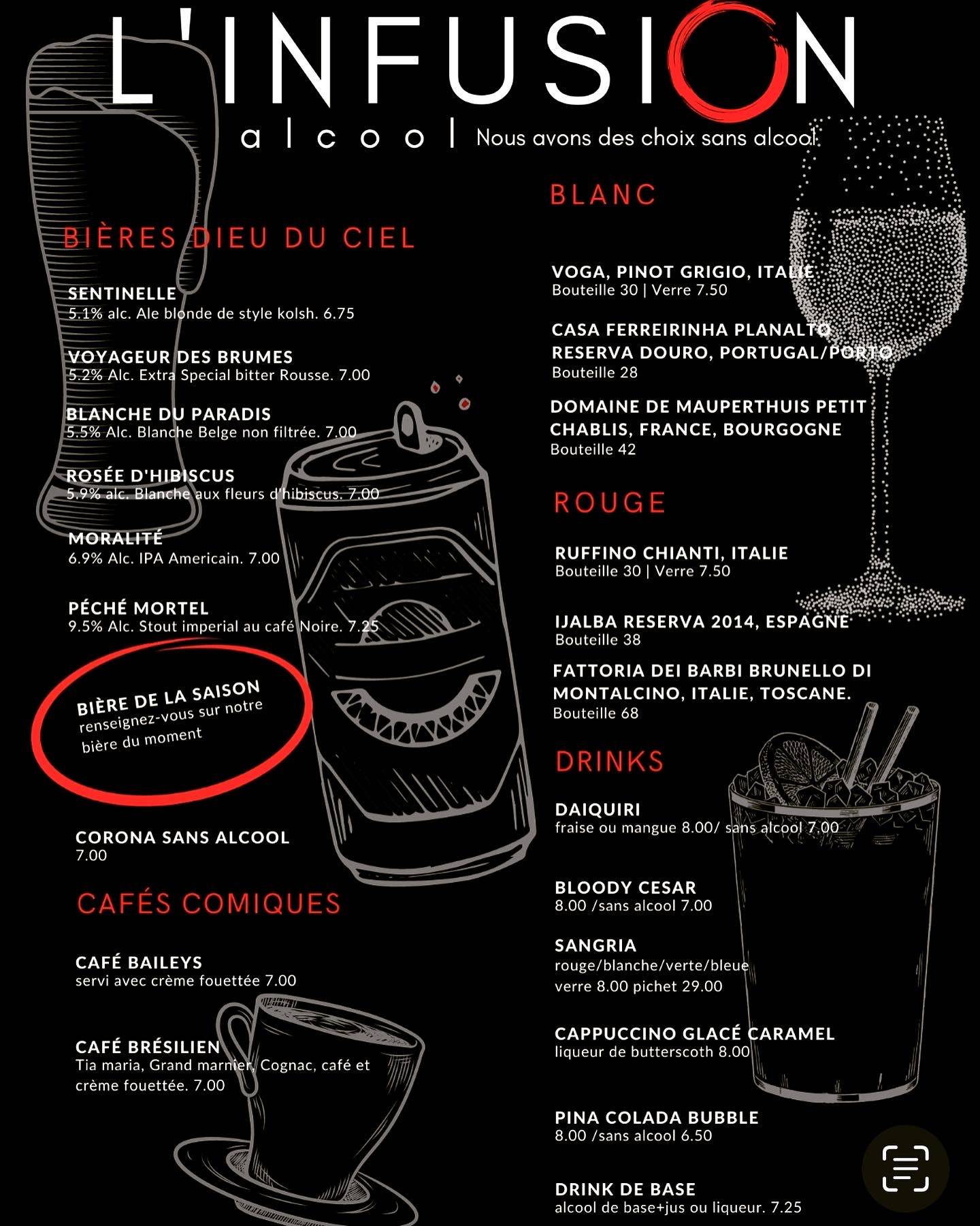 Menu au Café L'Infusion, Lachute