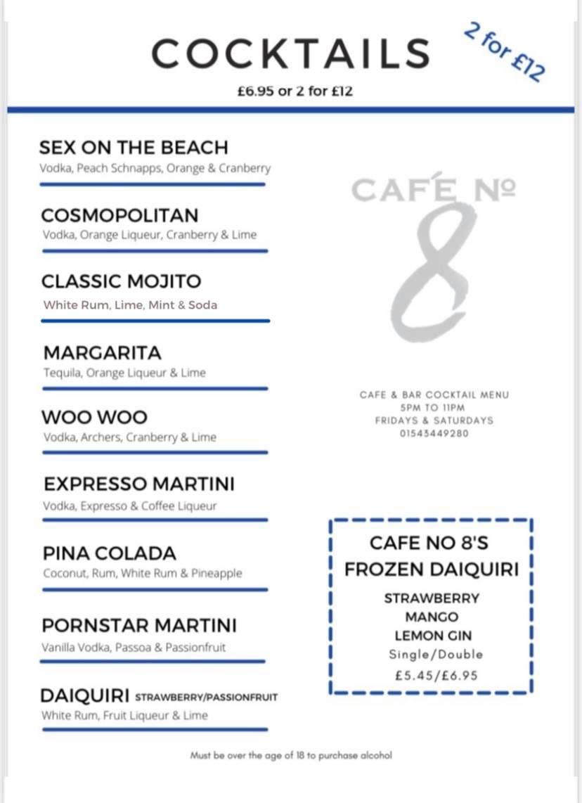 Menu at Café No 8 - Café & Bar, Lichfield