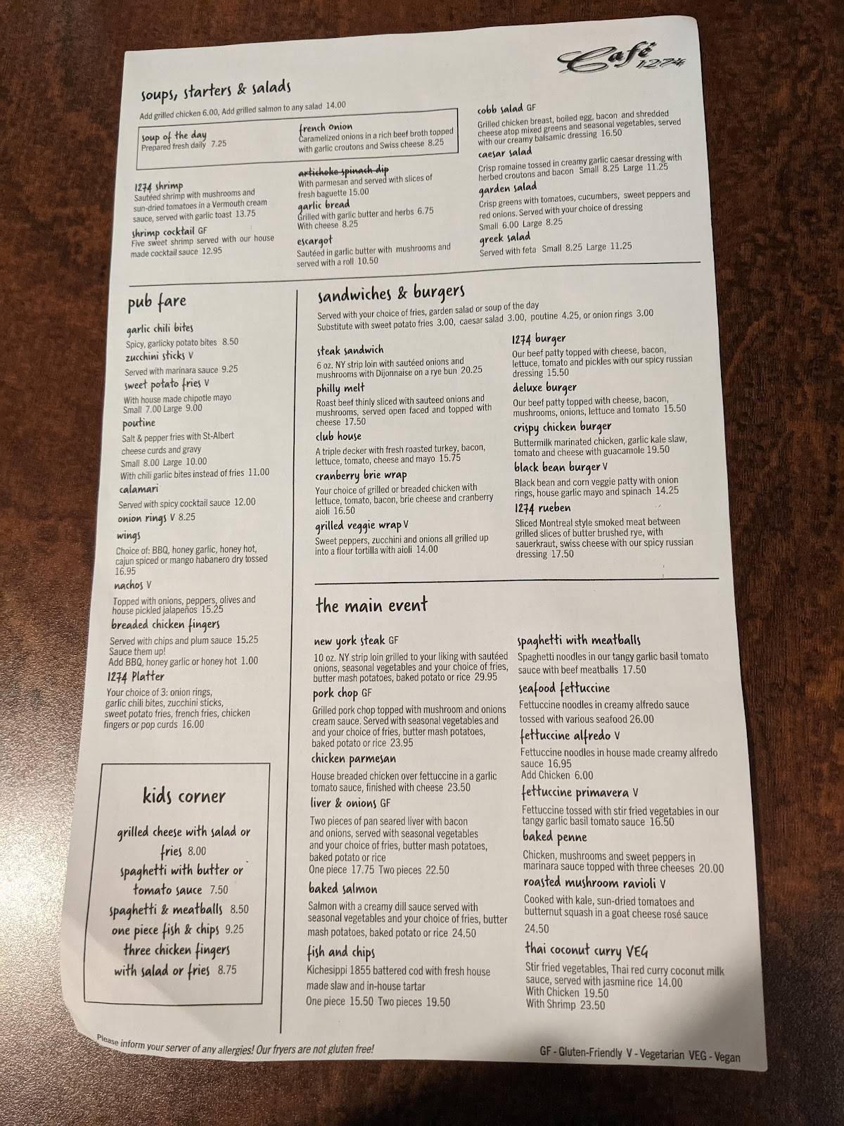 Menu at Cafe 1274, Ottawa