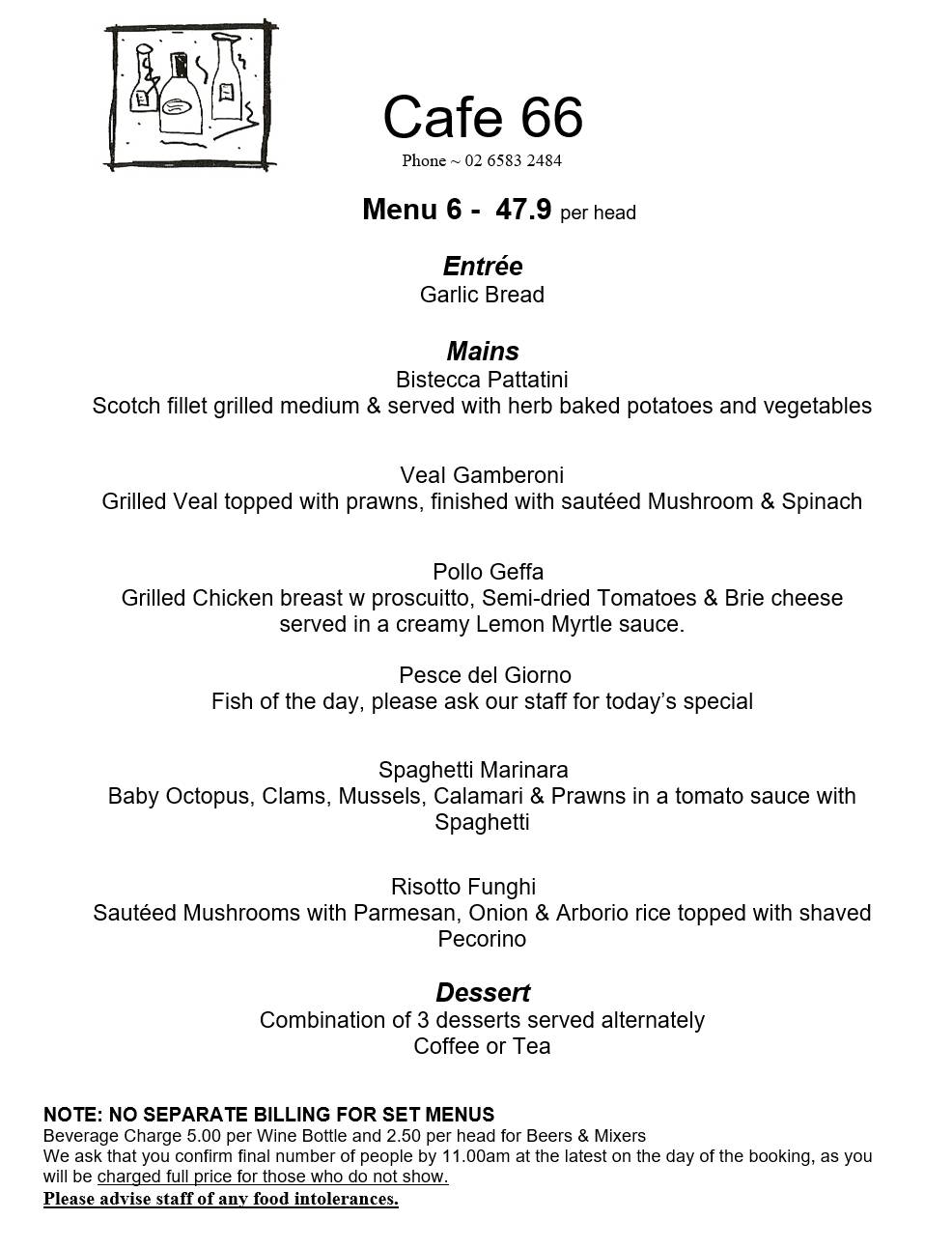 Menu at Cafe 66, Port Macquarie, 1/66 Clarence St