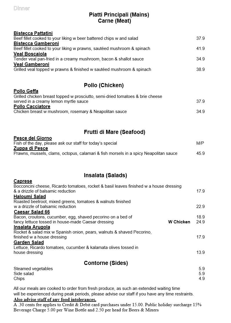 Menu at Cafe 66, Port Macquarie, 1/66 Clarence St
