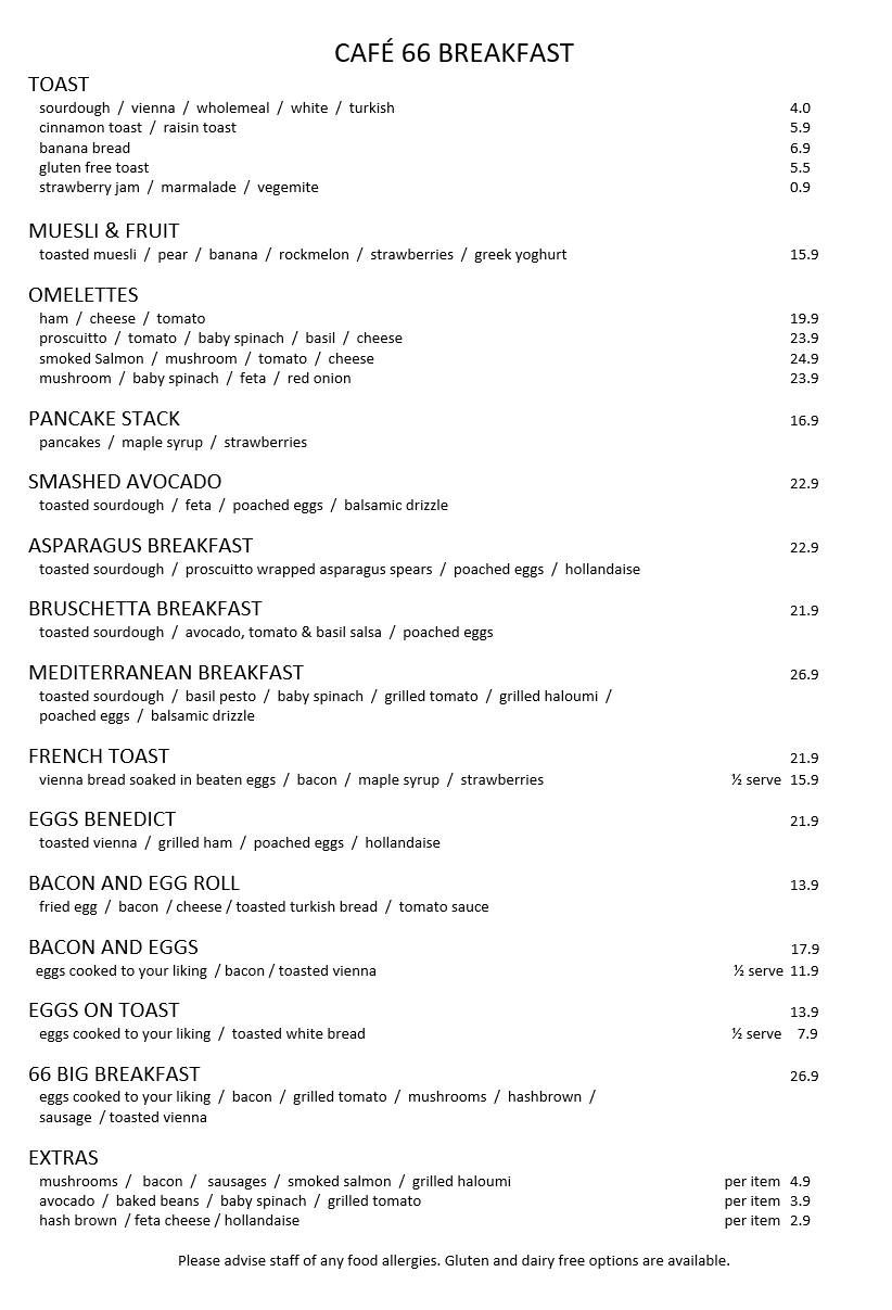 Menu at Cafe 66, Port Macquarie, 1/66 Clarence St