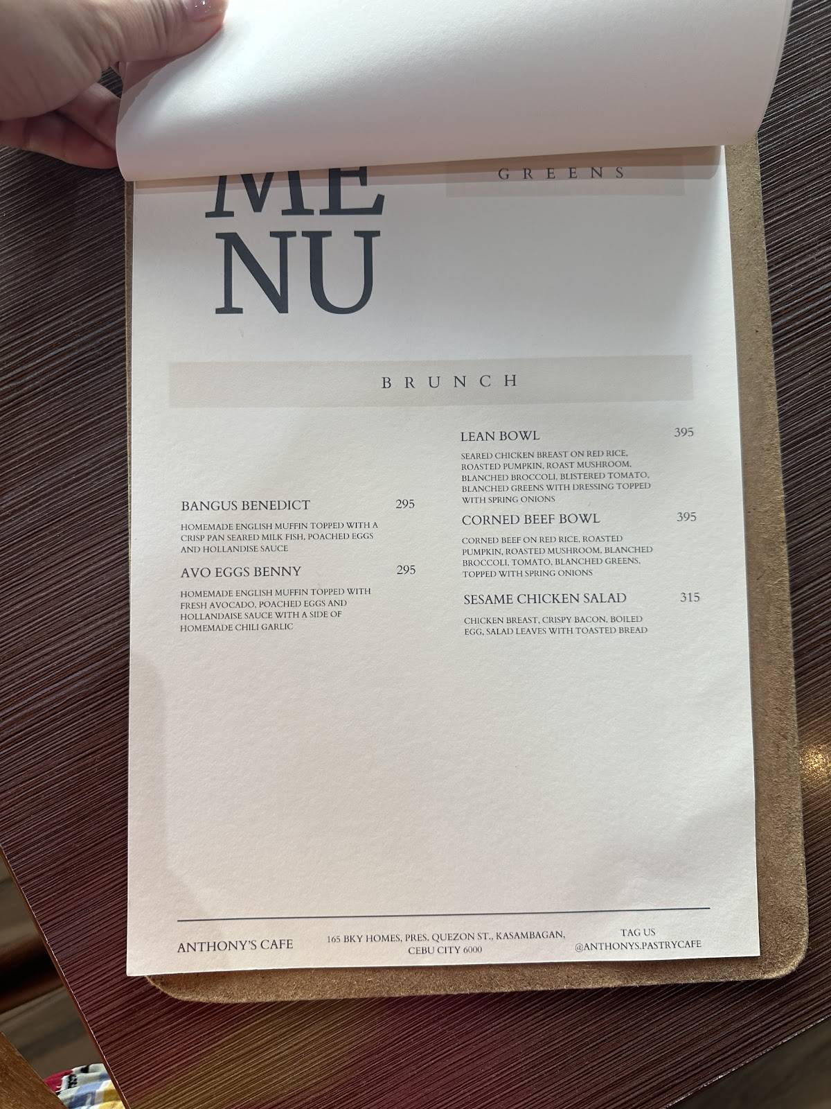 Menu at Anthony’s Cafe, Cebu City