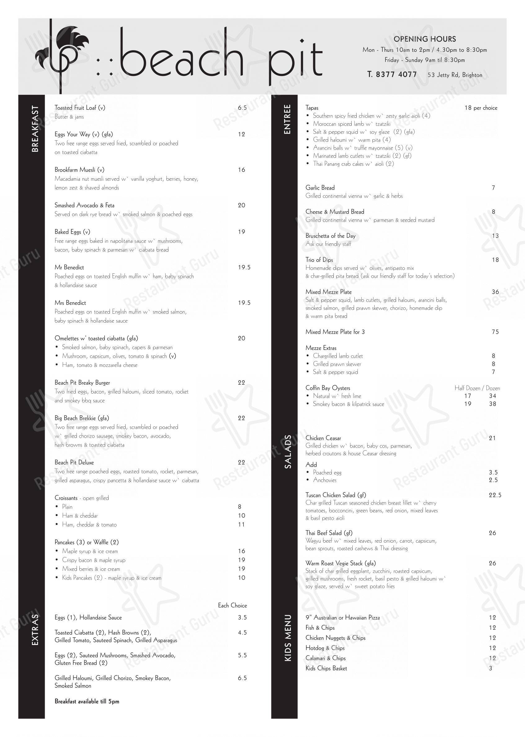 Menu at Cafe Beach Pit, Brighton