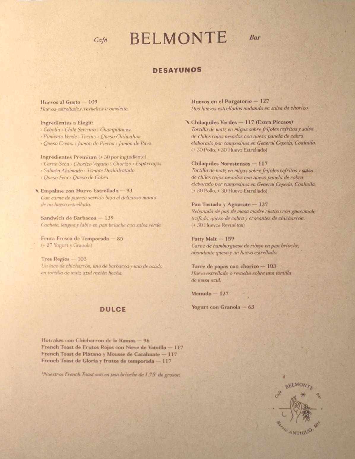 Carta de Cafe Belmonte Bar, Monterrey