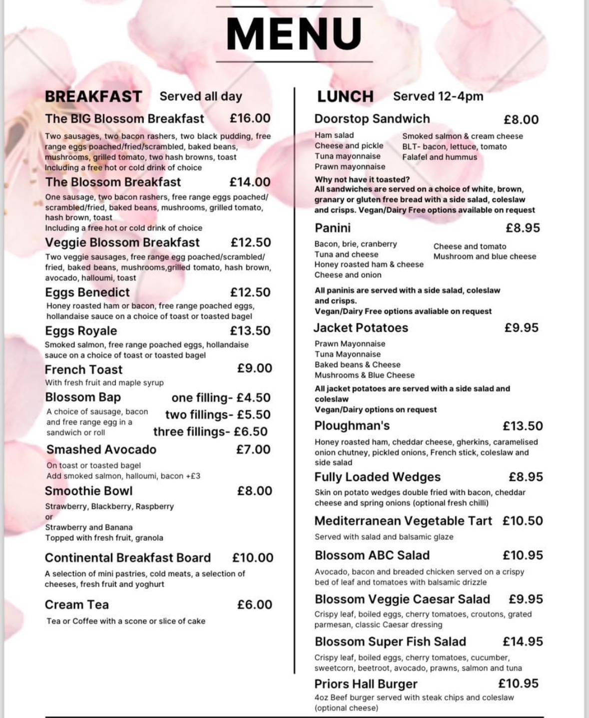 Menu at Blossom Bites cafe, Saffron Walden