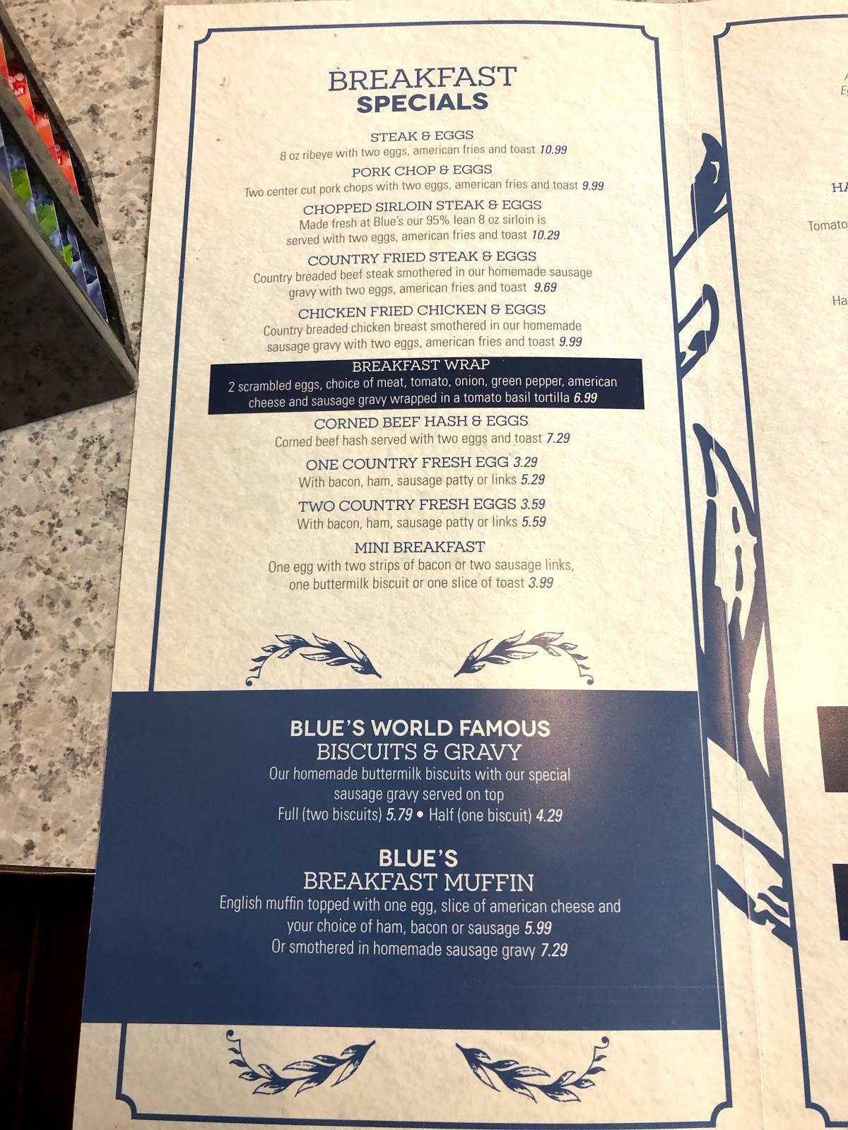 Menu at Blue's Cafe, Kankakee