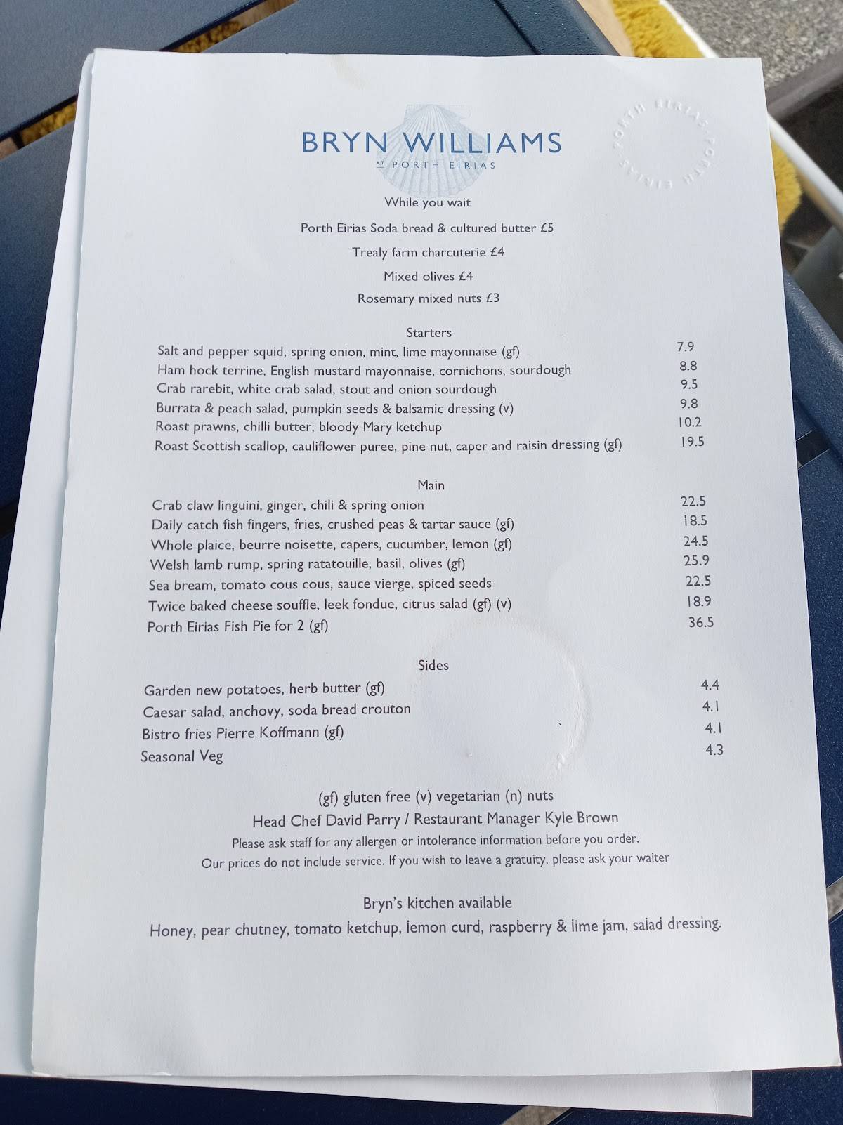 Menu at Bryn Williams Porth Eirias cafe, Colwyn Bay, Promenade