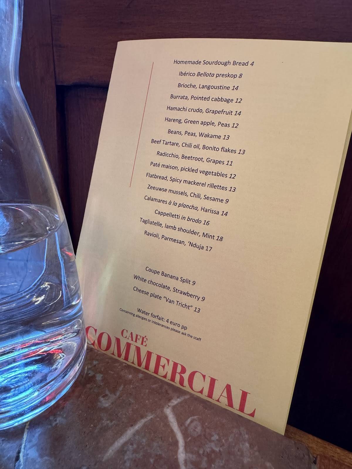 Menu at Café Commercial, Antwerp
