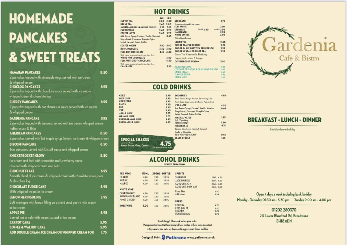 Menu at Cafe Gardenia, Broadstone