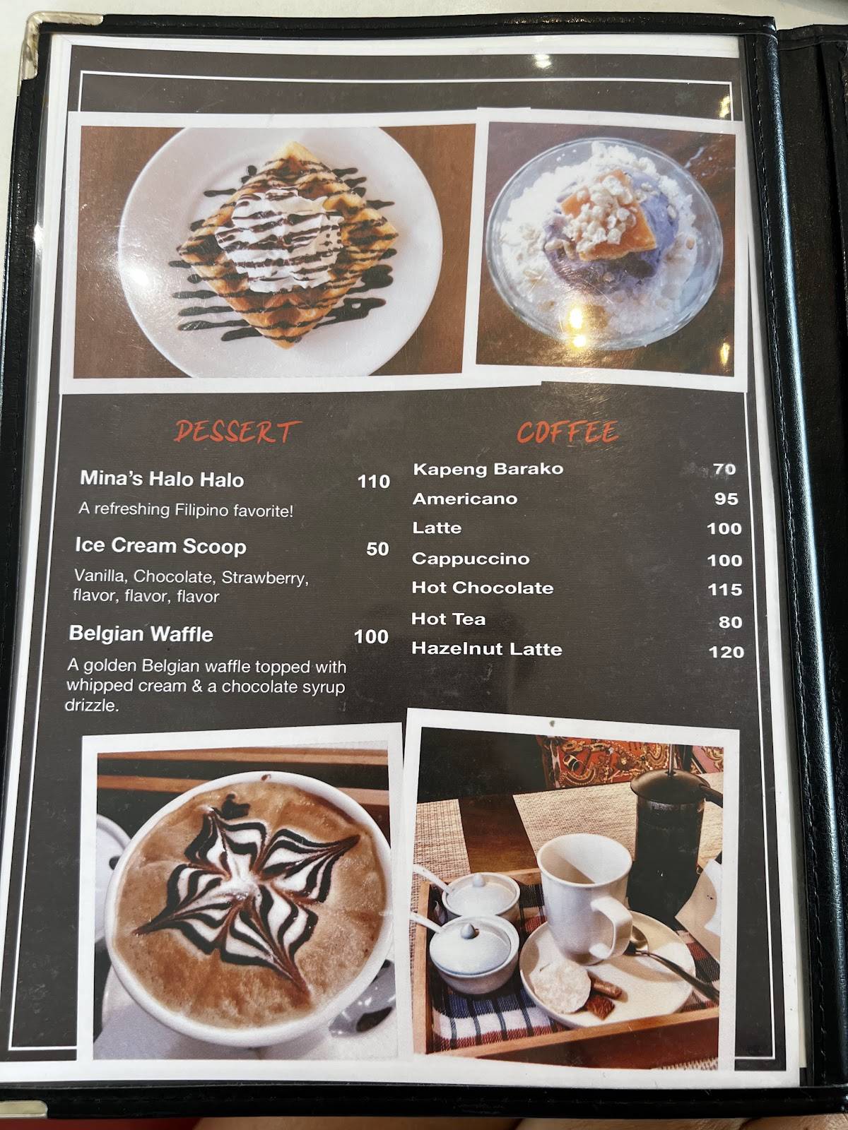 Menu at Cafe Mina, Ibaan