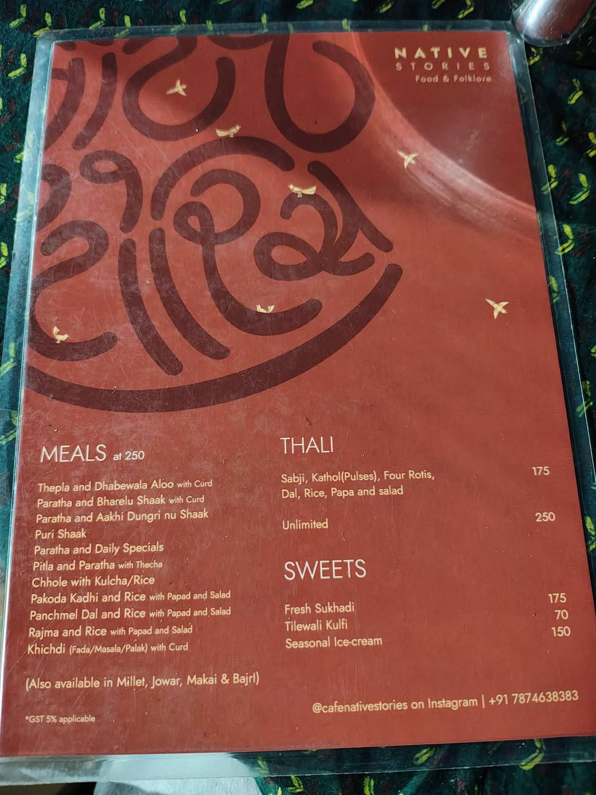 Menu at Cafe Native Stories, Ahmedabad