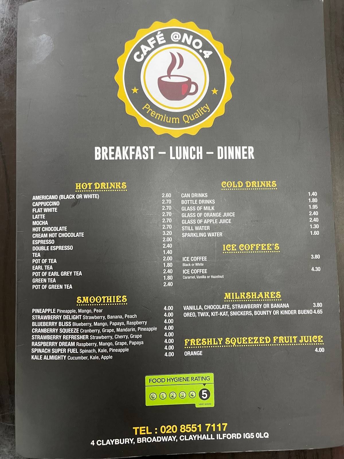 Menu at Café @ No.4 cafe, Ilford
