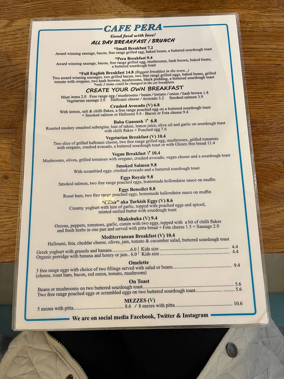 Menu at Cafe Pera, Twickenham