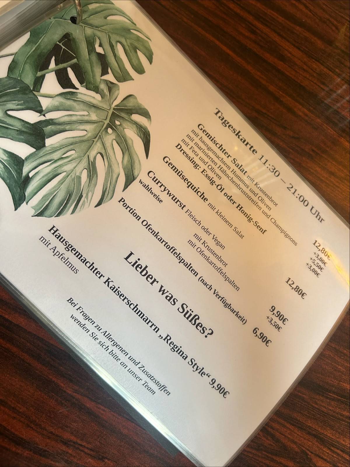 Menu at Cafe Regina, Nuremberg