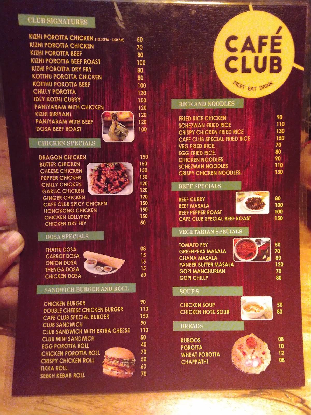 Menu at Cafe club, Taliparamba