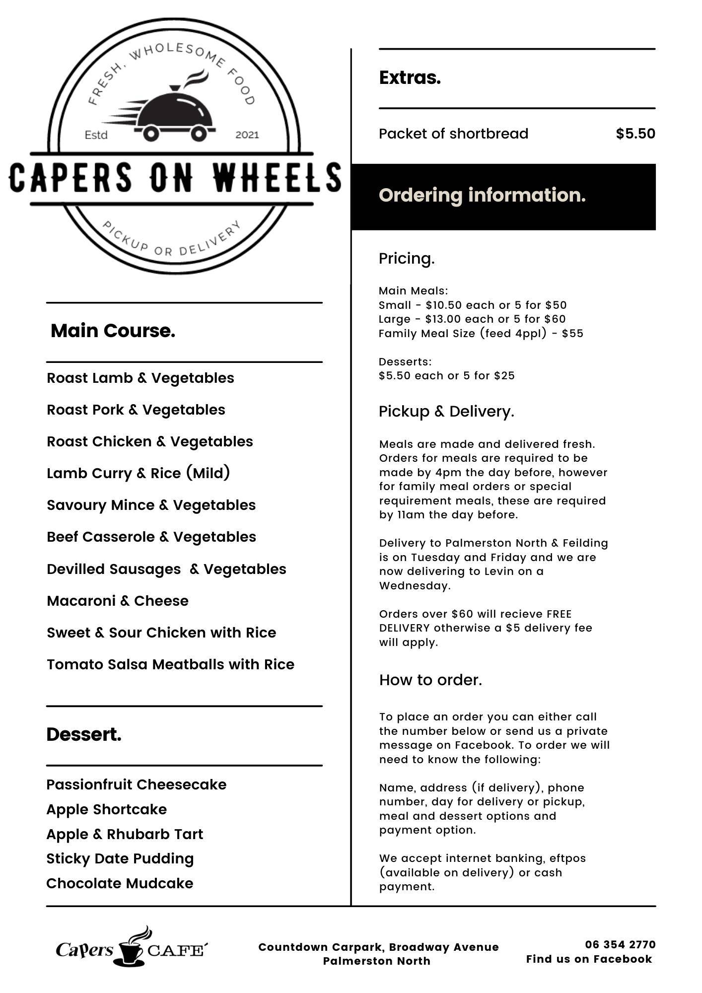 Menu at Capers Cafe, Palmerston North