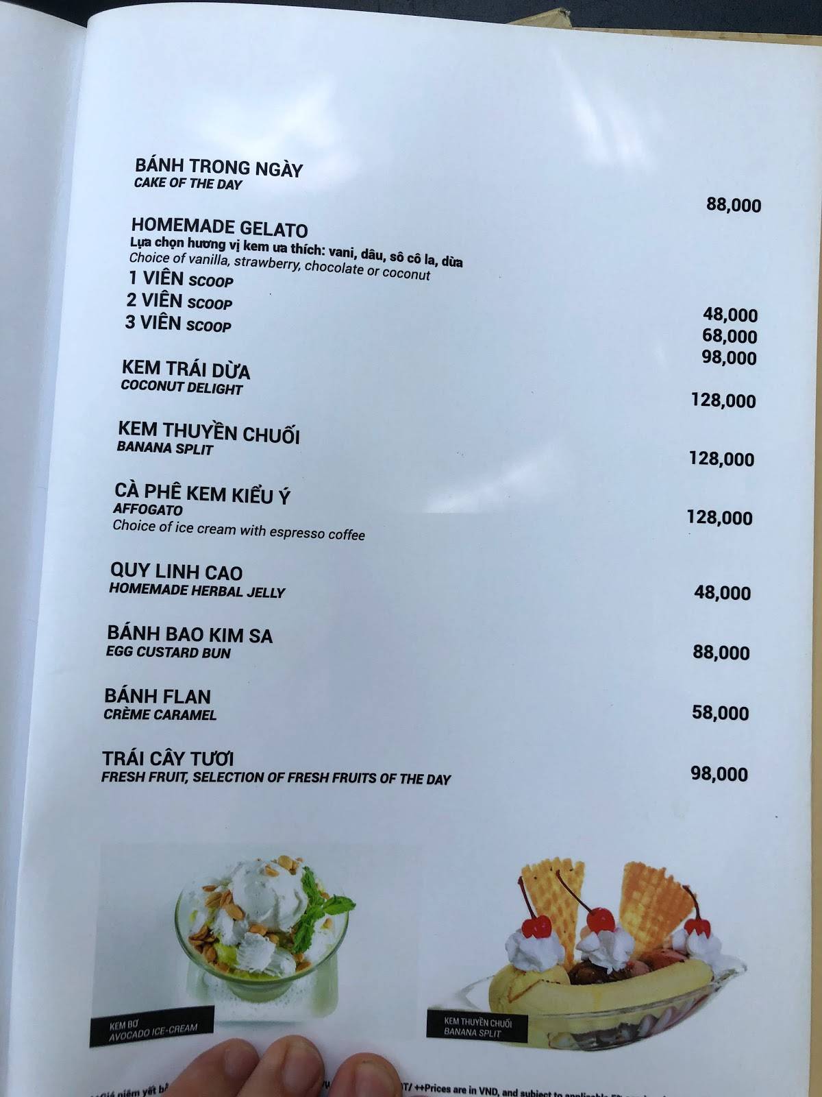 Menu at Café Central Pasteur restaurant, Ho Chi Minh City