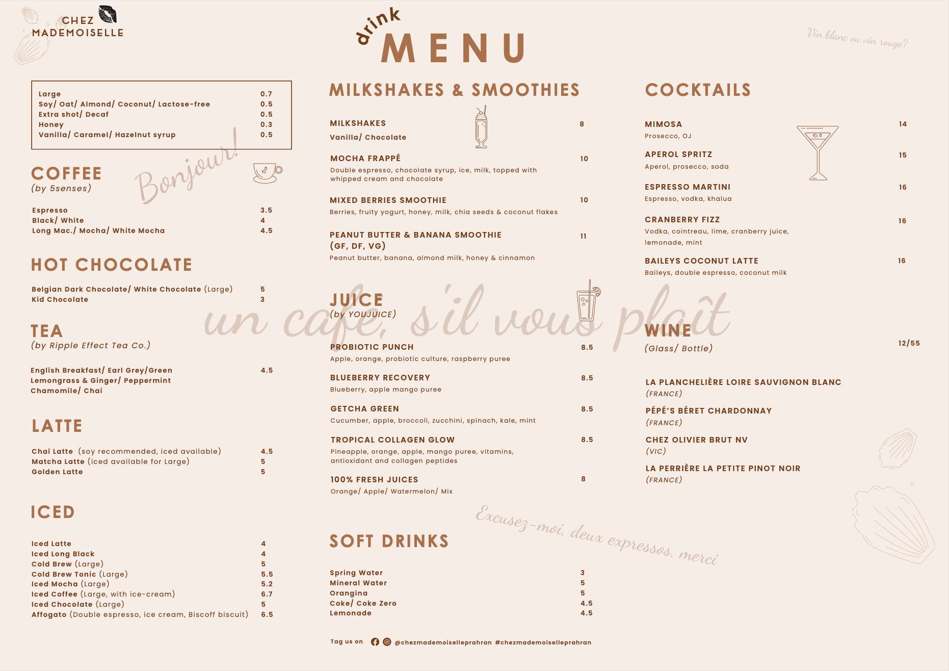 Menu at Chez Mademoiselle cafe, Prahran