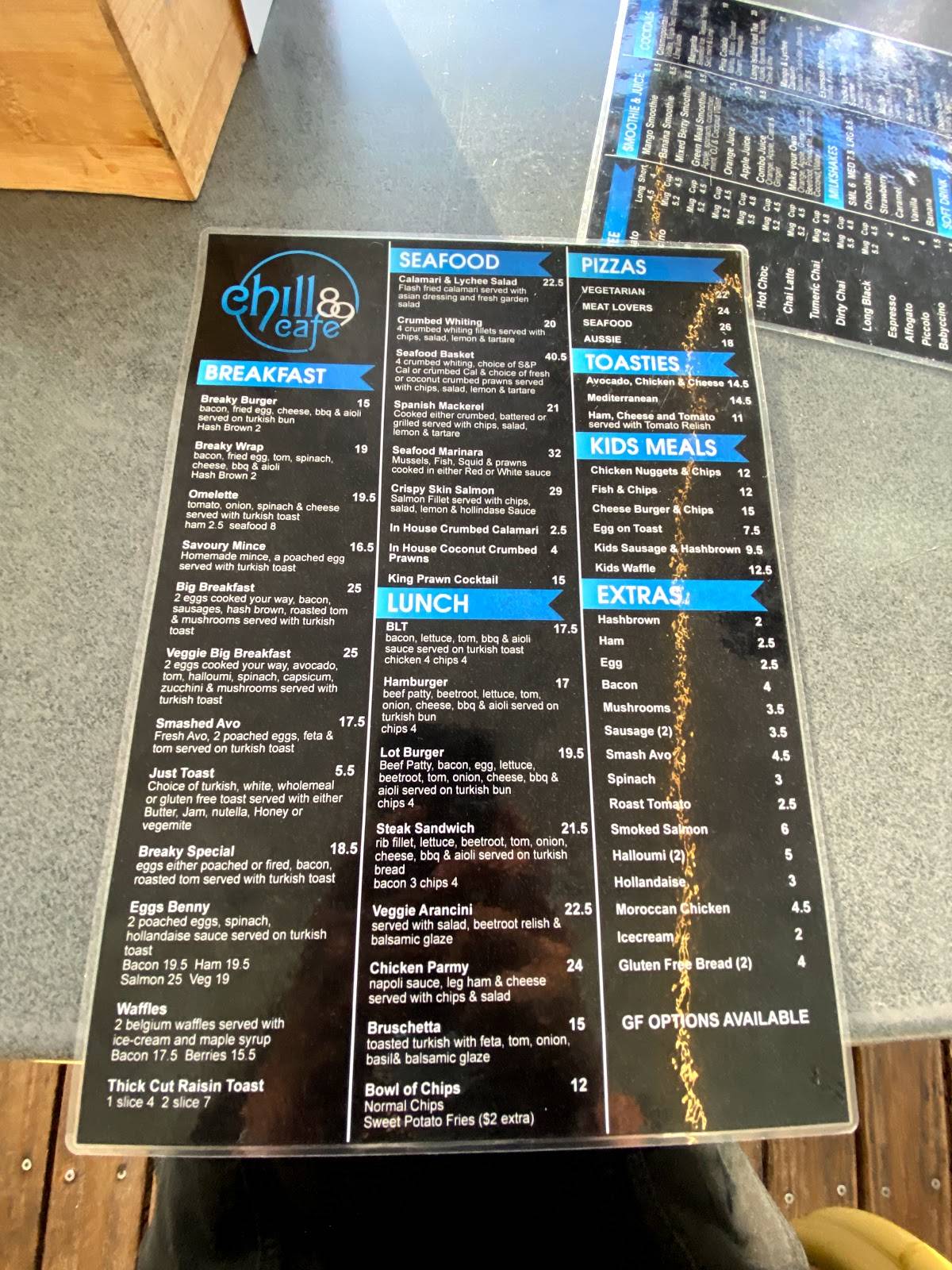 Menu at Chill Cafe 89., Golden Beach