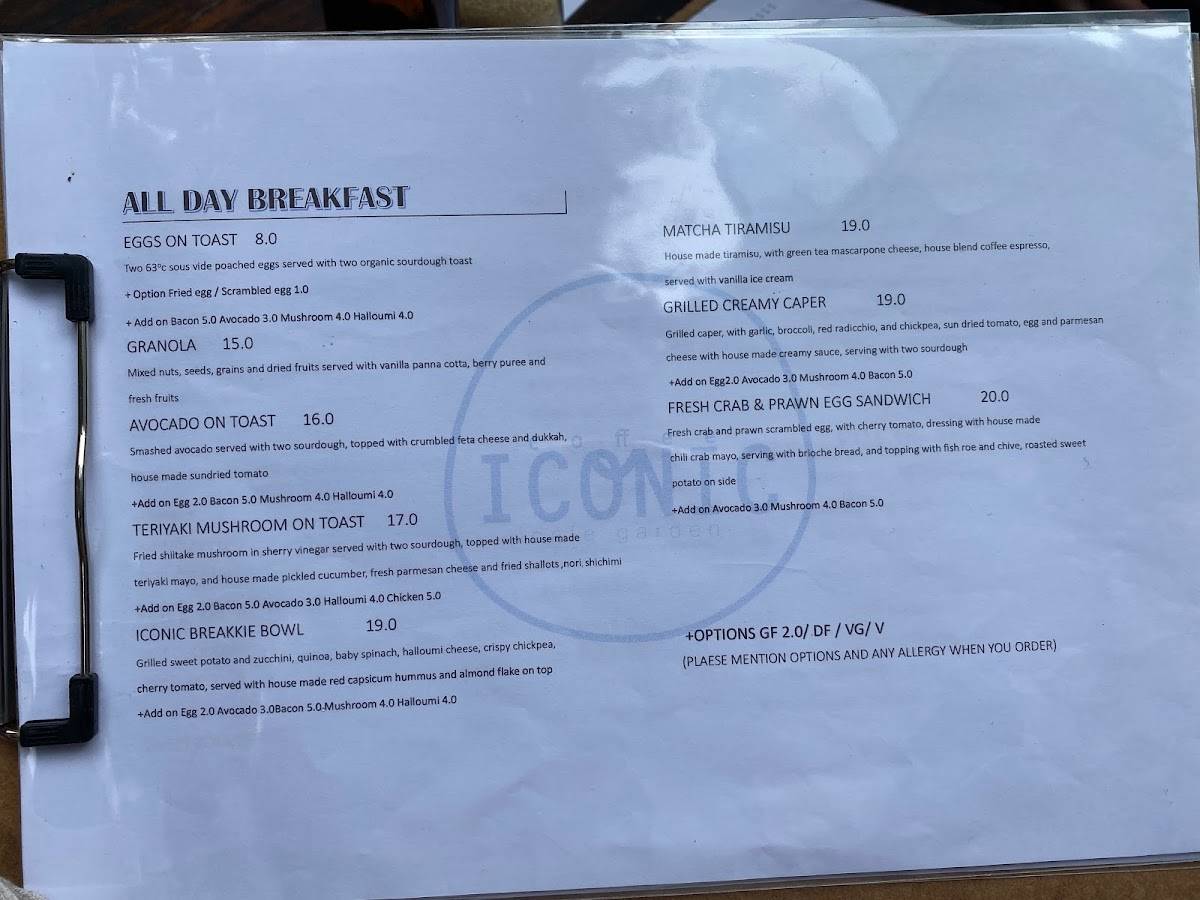 Menu at Coffee Iconic cafe, Brisbane City