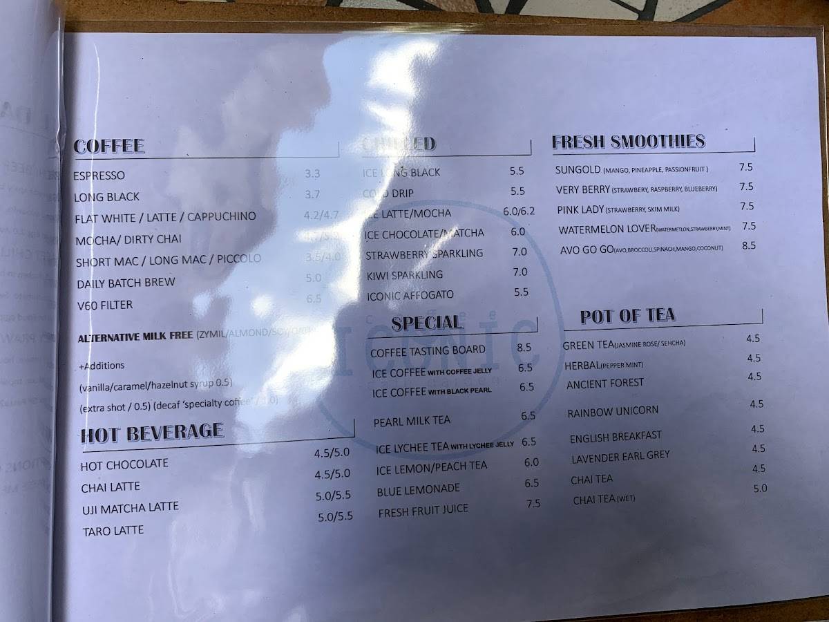 Menu at Coffee Iconic cafe, Brisbane City