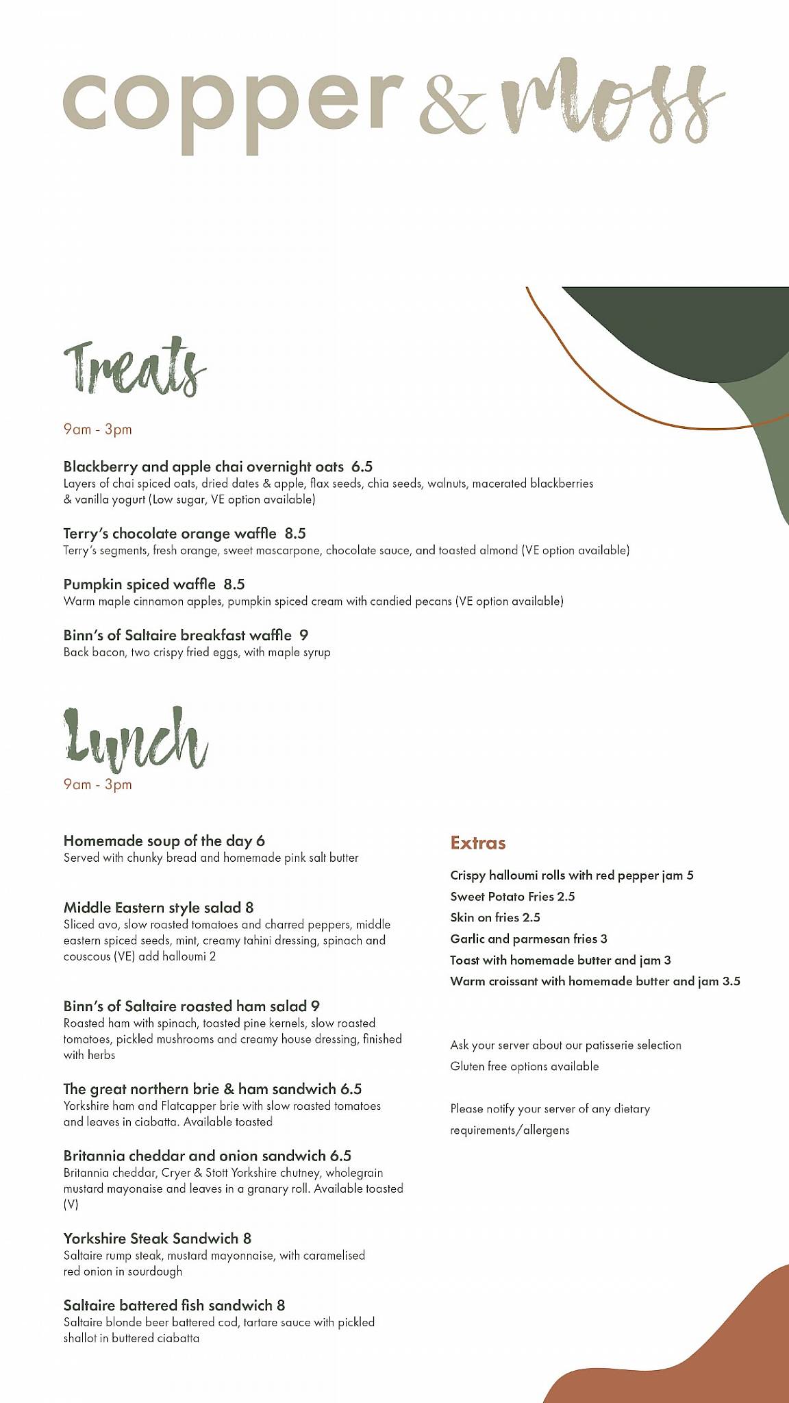 Menu at Copper and Moss cafe, Shipley