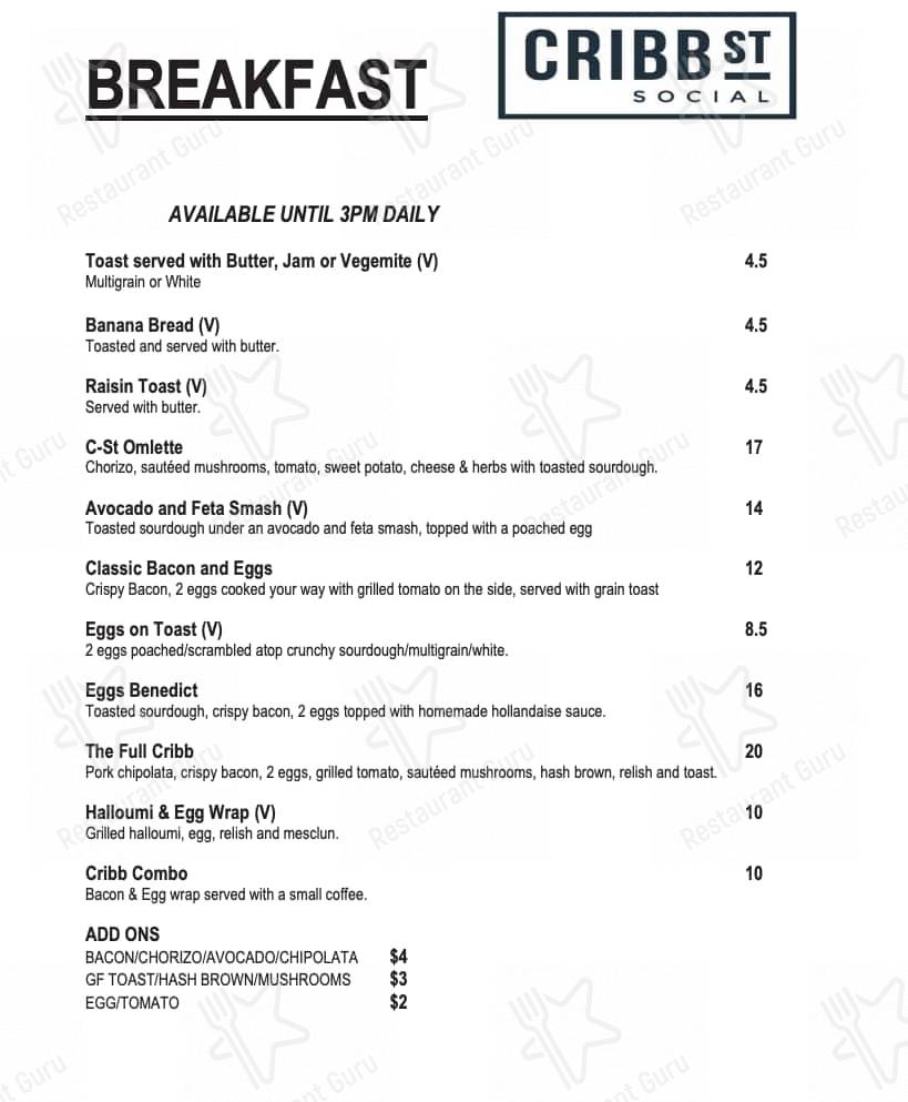 Menu at Cribb Street Social pub & bar, Brisbane City