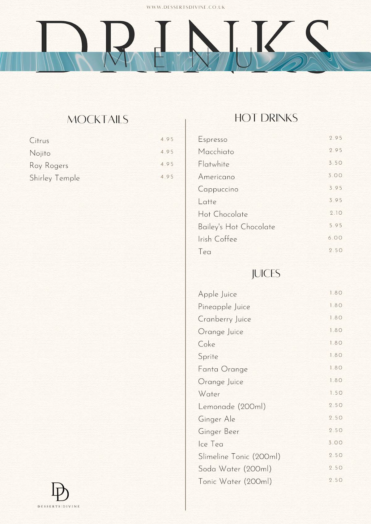 Menu at Desserts Divine, London