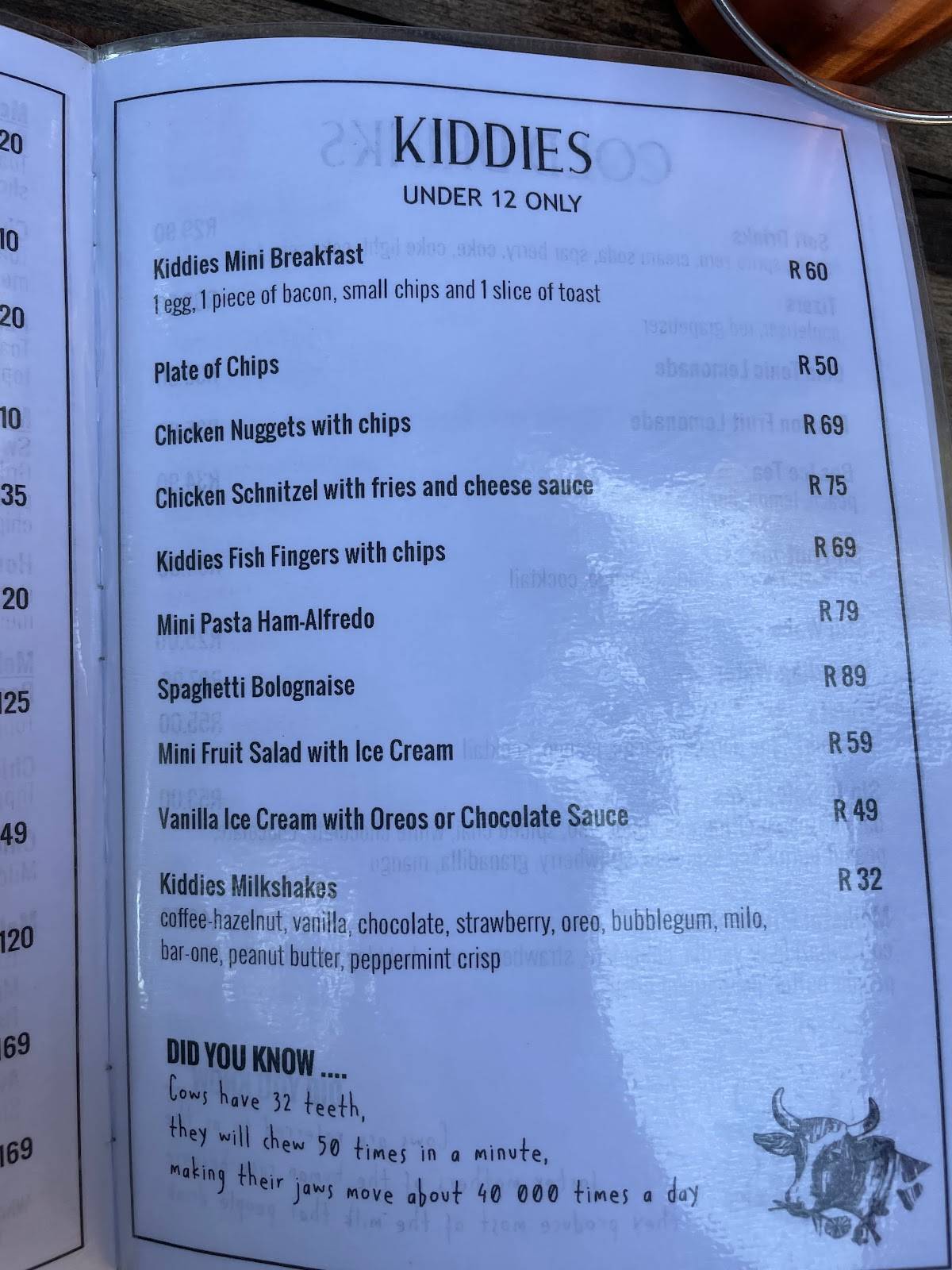 Menu at Die Melkstal cafe, Rustenburg, 188 Kock St