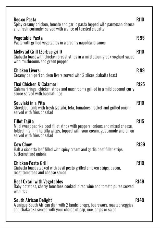 Menu at Die Melkstal cafe, Rustenburg, 188 Kock St