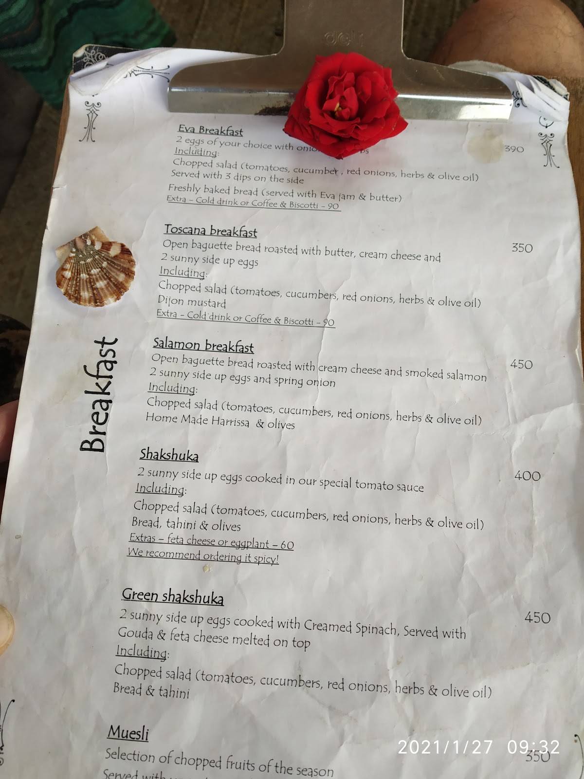 Menu at Eva Cafe, Anjuna, Hno 129/45