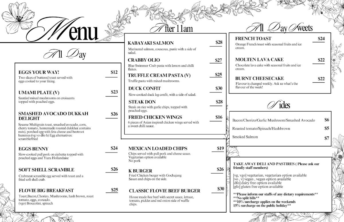 Menu at FLOVIE FLORIST CAFE, Carlton, 261-263 Queensberry St