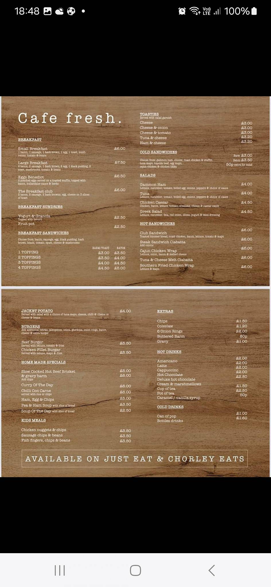 Menu at Cafe Fresh Chorley, Chorley