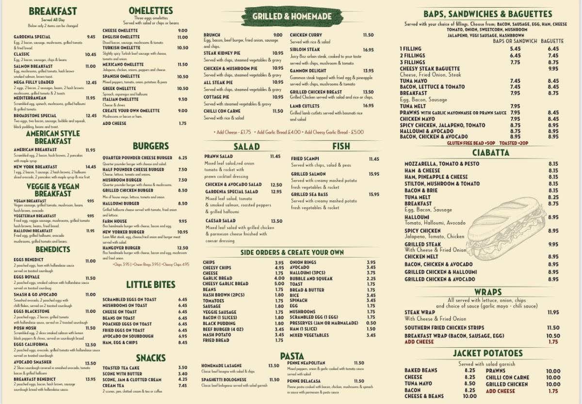 Menu at Cafe Gardenia, Broadstone
