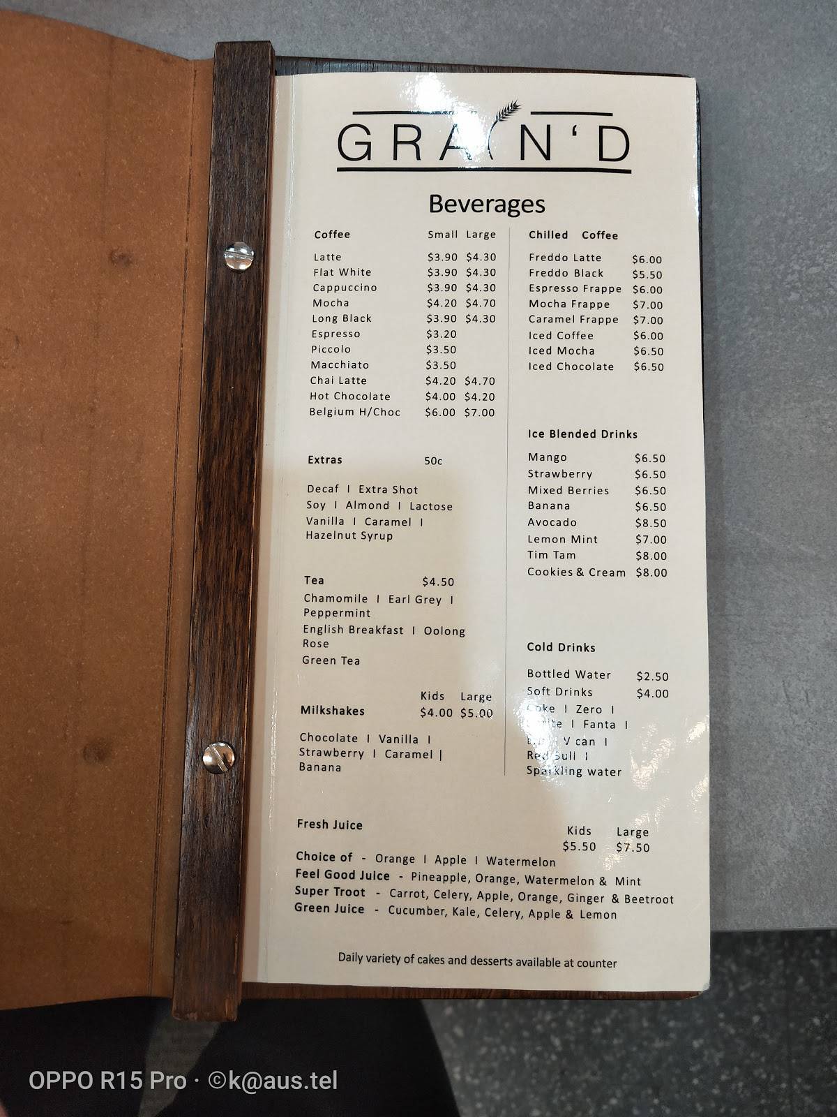 Menu at Grain'd Cafe, Revesby