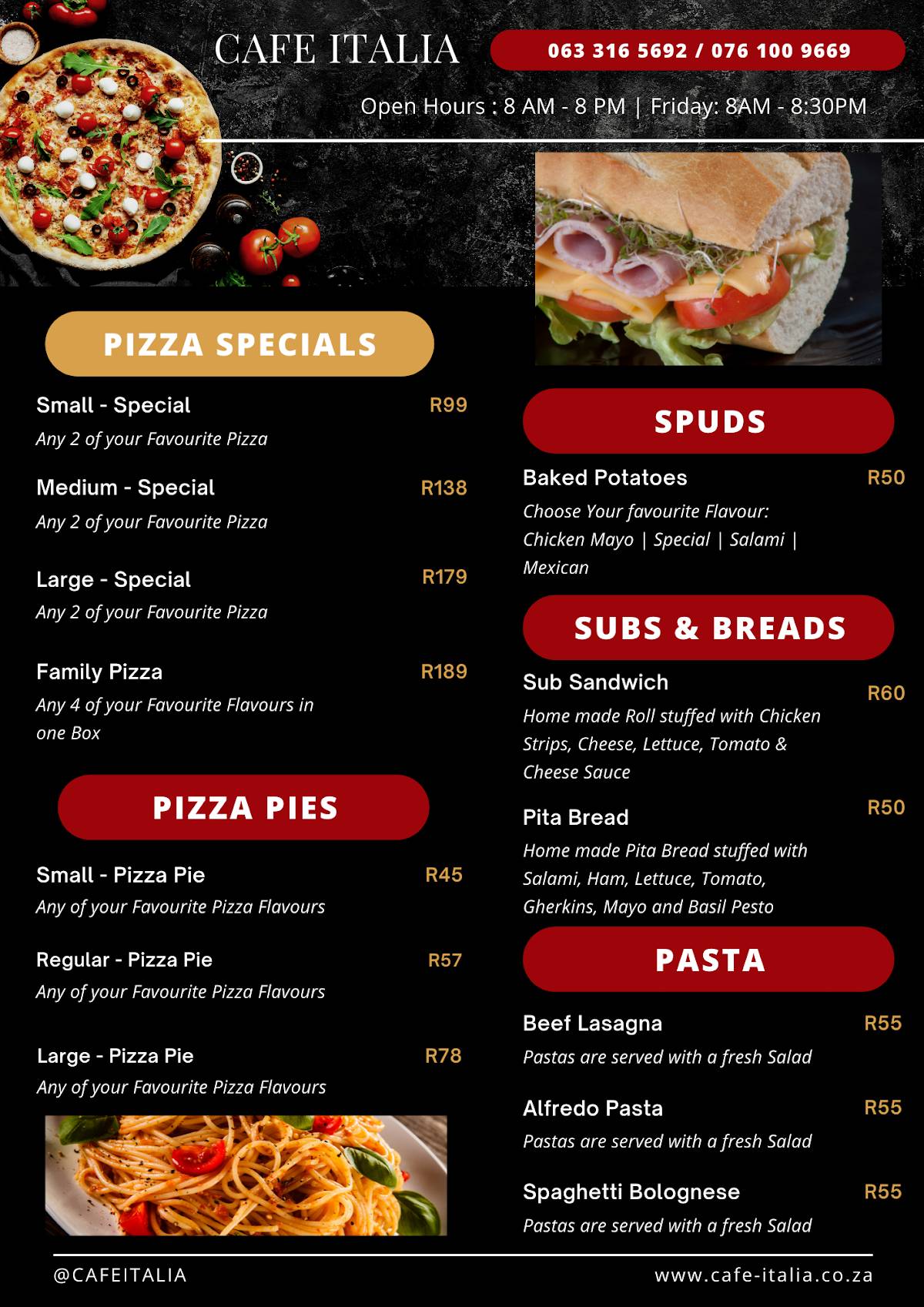 Menu at Cafe-Italia Take Away's, Mokopane