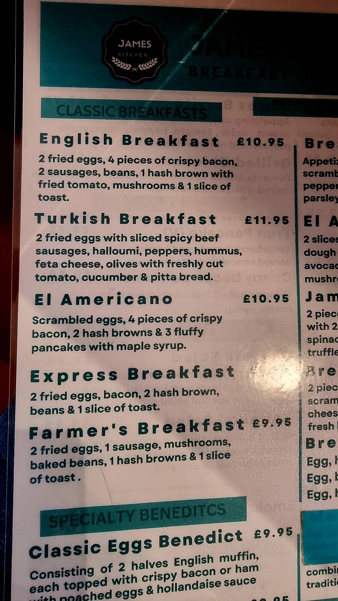 Menu at Jame's Kitchen cafe, Horley