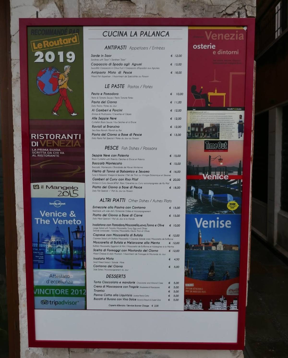 Menu at La Palanca cafe, Venice
