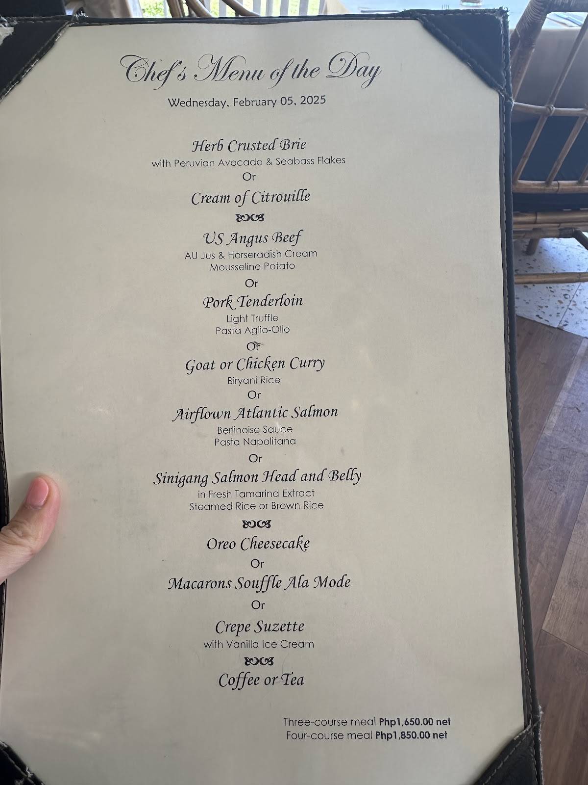 Menu at Le Chef cafe, Baguio