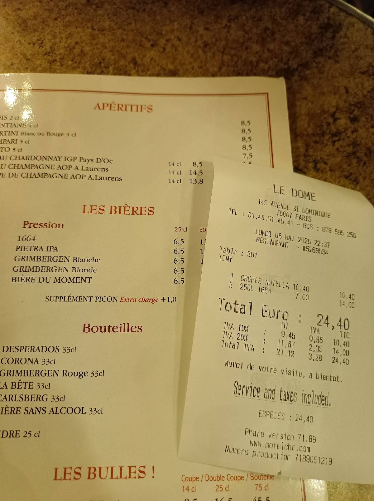 Menu at Cafe Le Dome, Paris, 149 Rue Saint-Dominique
