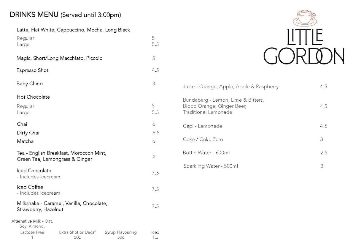 Menu at Little Gordon cafe, Melbourne