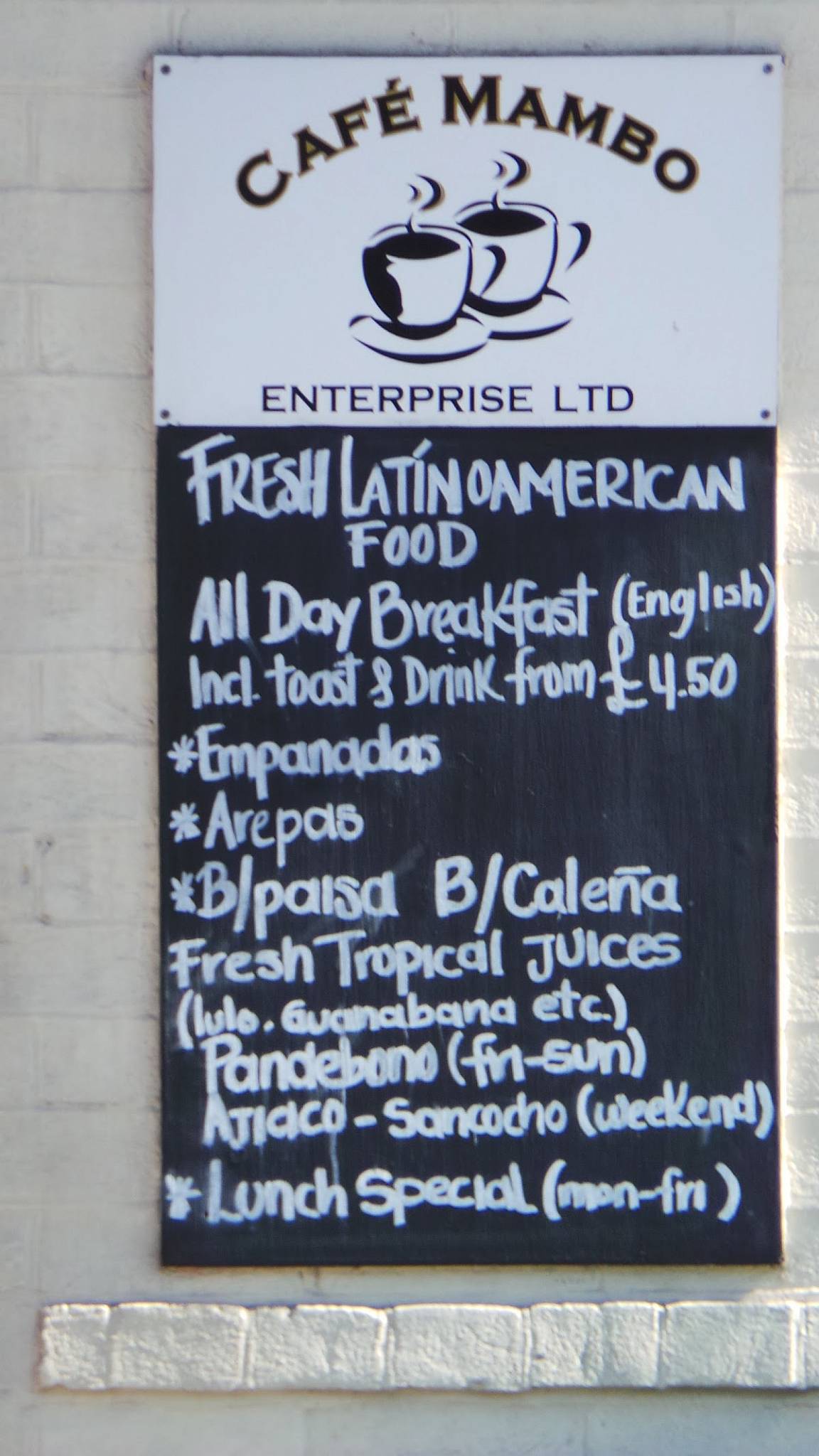Menu at Cafe Mambo, London