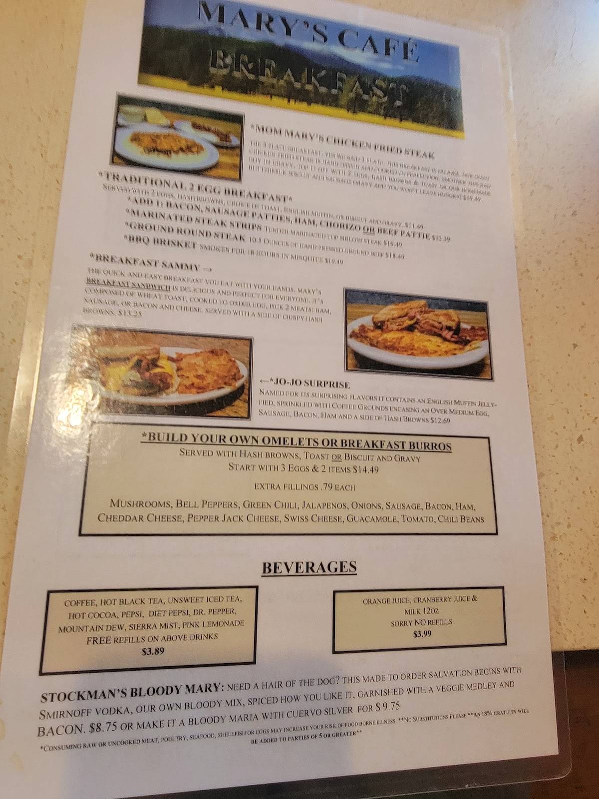 Menu at Mary's Cafe, Flagstaff, US-89