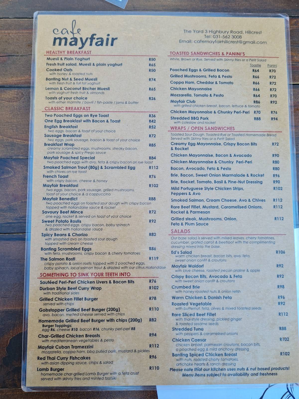 Menu at Cafe Mayfair Hillcrest, Outer West Durban